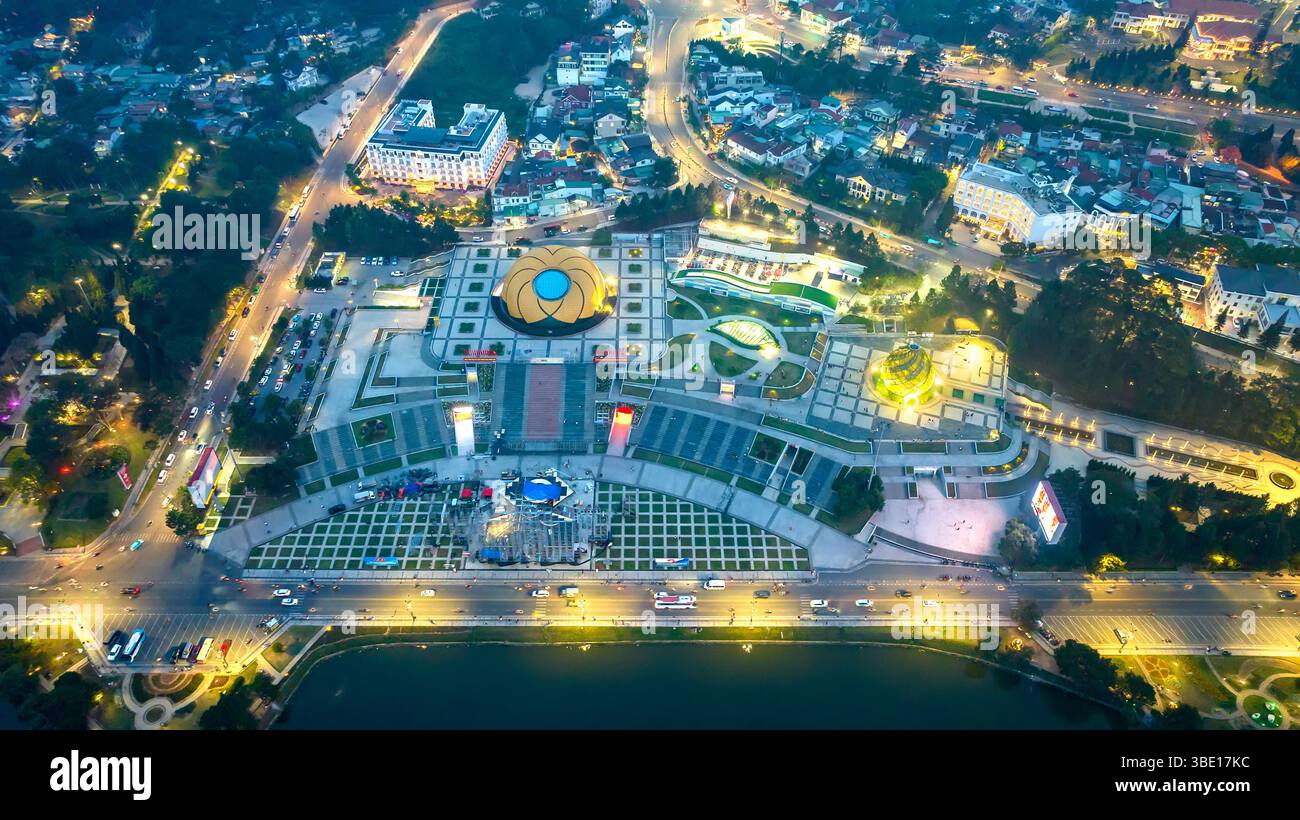 Aerial view of Sunflower Building at night in Da Lat City. Tourist city ...