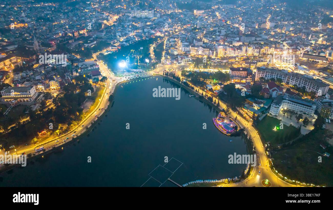 Aerial view of Sunflower Building at night in Da Lat City. Tourist city ...