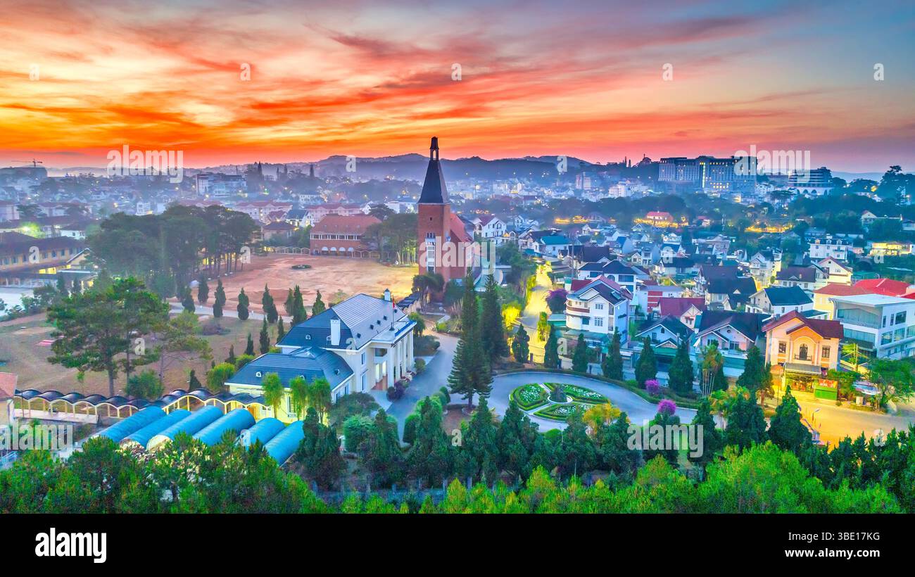 Aerial view of Da Lat Pedagogy college with ancient French architecture ...
