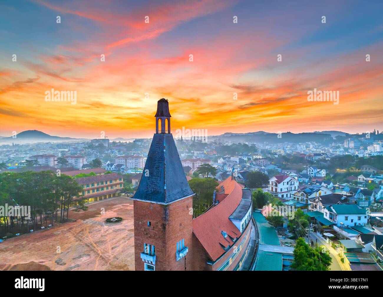 Aerial view of Da Lat Pedagogy college with ancient French architecture ...