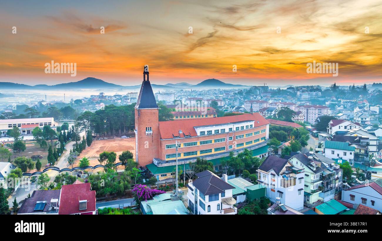 Aerial view of Da Lat Pedagogy college with ancient French architecture ...