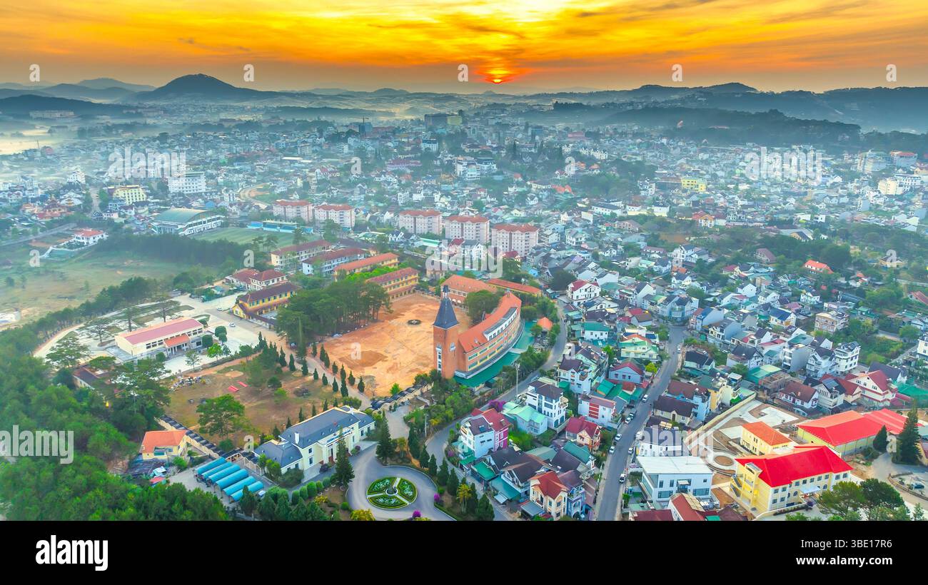 Aerial view of Da Lat Pedagogy college with ancient French architecture ...