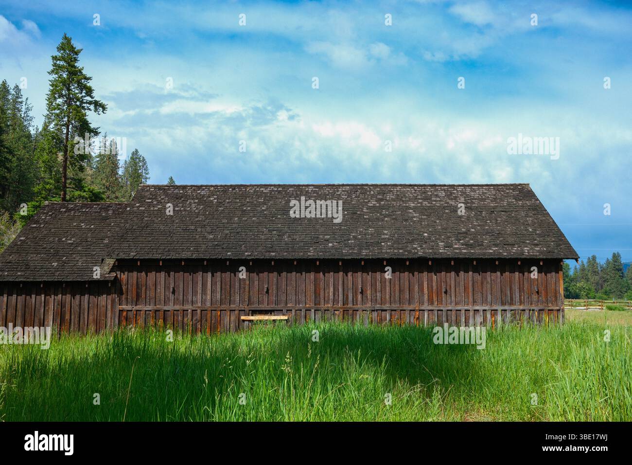 Side view of an old wooden barn at Fintry Provincial Park in Kelowna ...