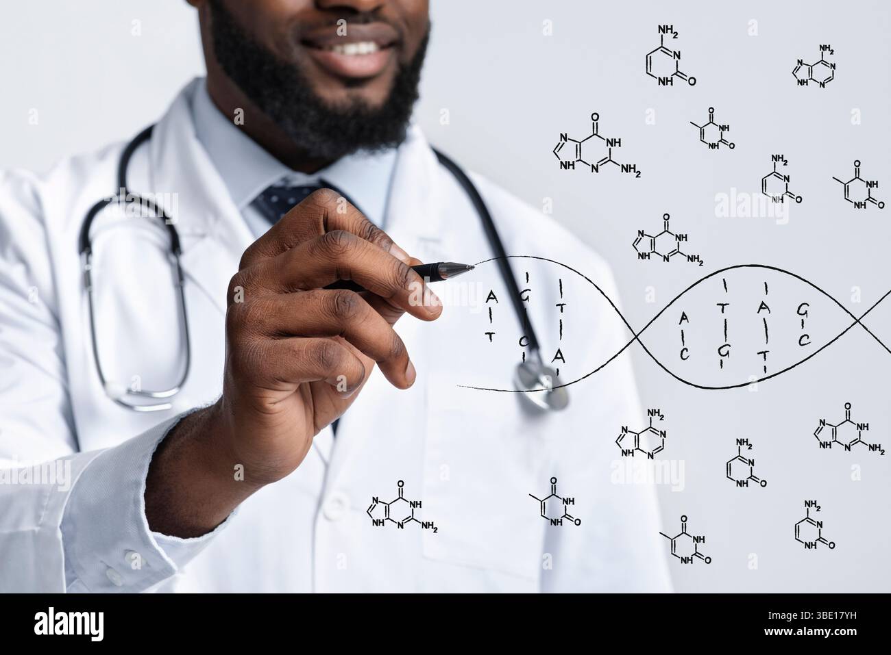 Decoding human genome. Black male doctor drawing DNA molecule on ...