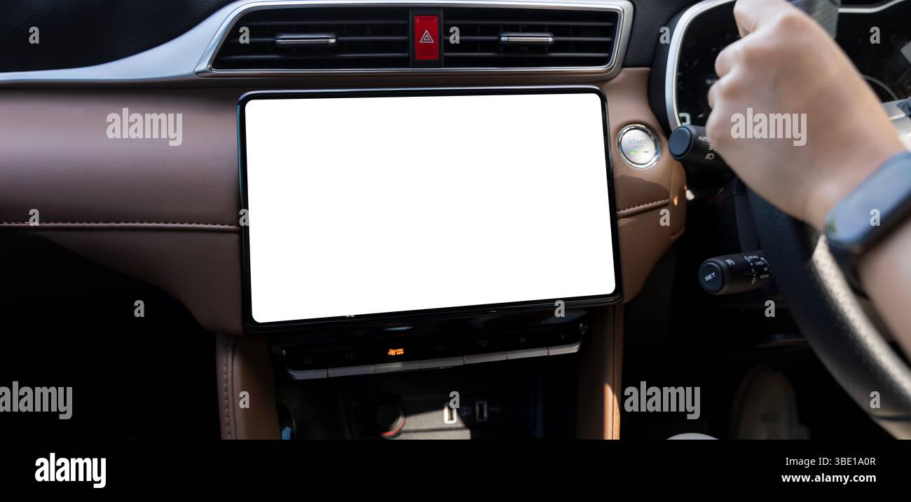 Blank car touchscreen with driver’s hand on the wheel, ideal for ...