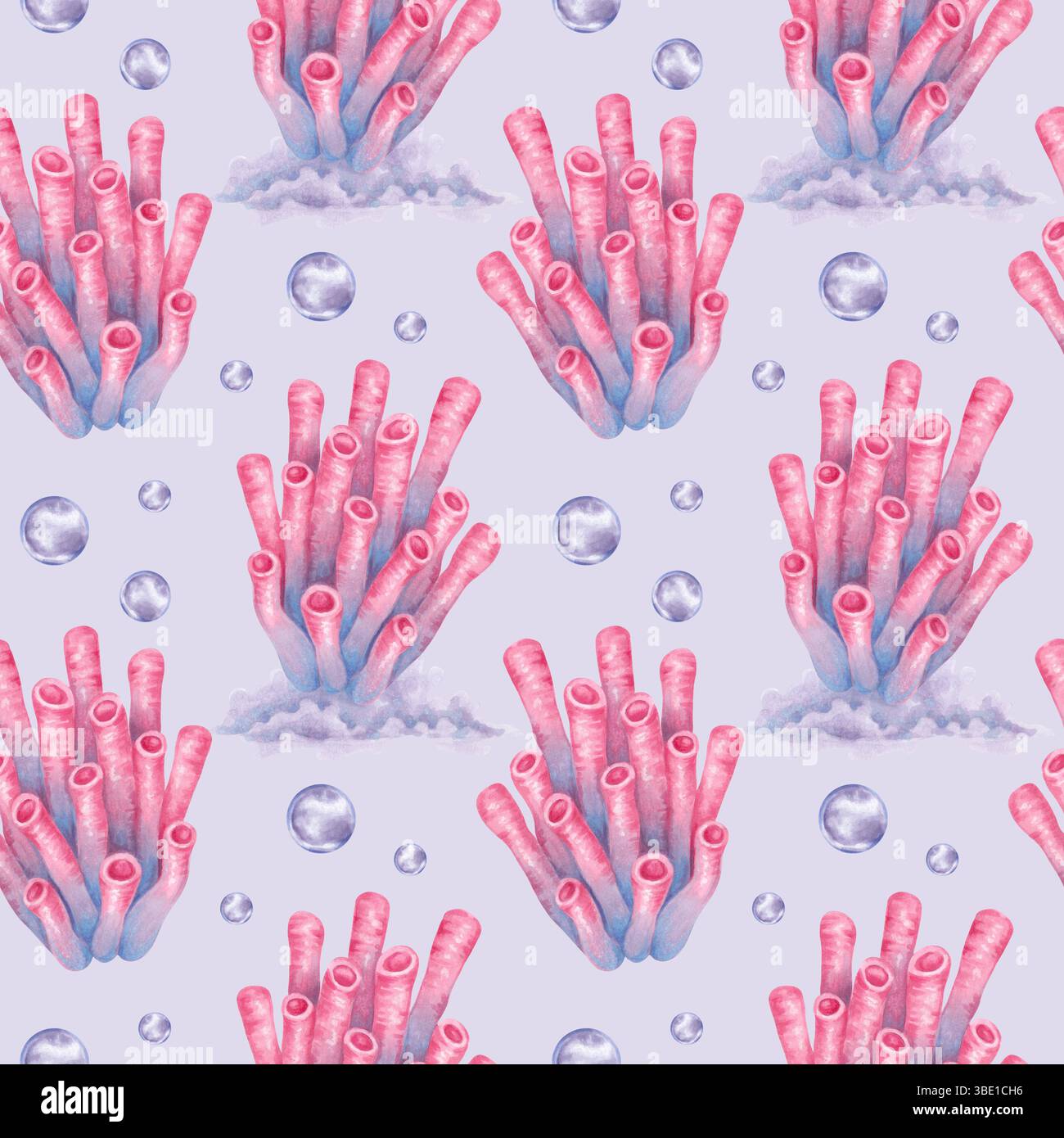 Seamless pattern of tube coral with water bubbles. Watercolor and ...