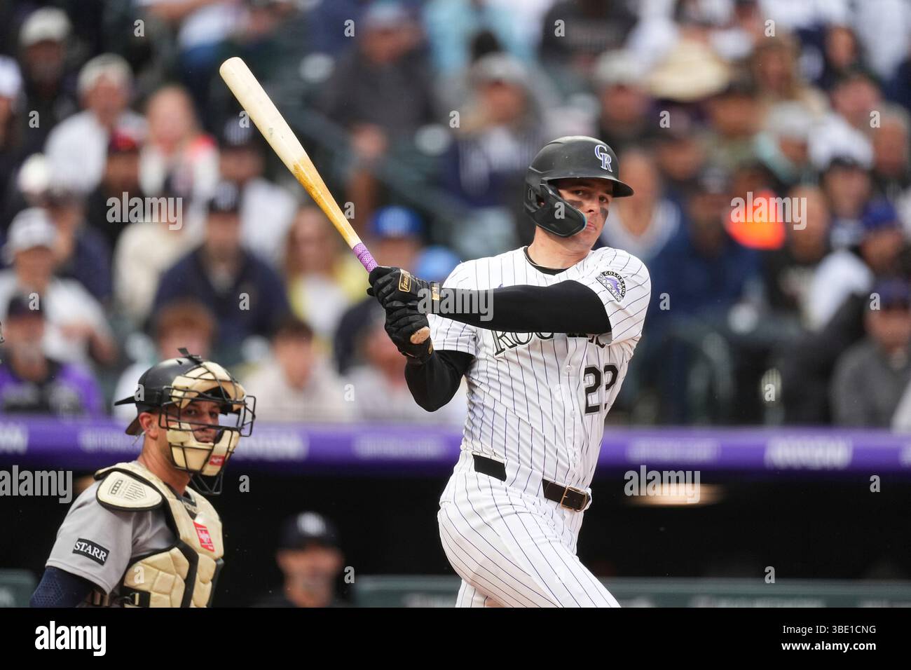 Colorado Rockies right fielder Mickey Moniak (22) in the second inning ...
