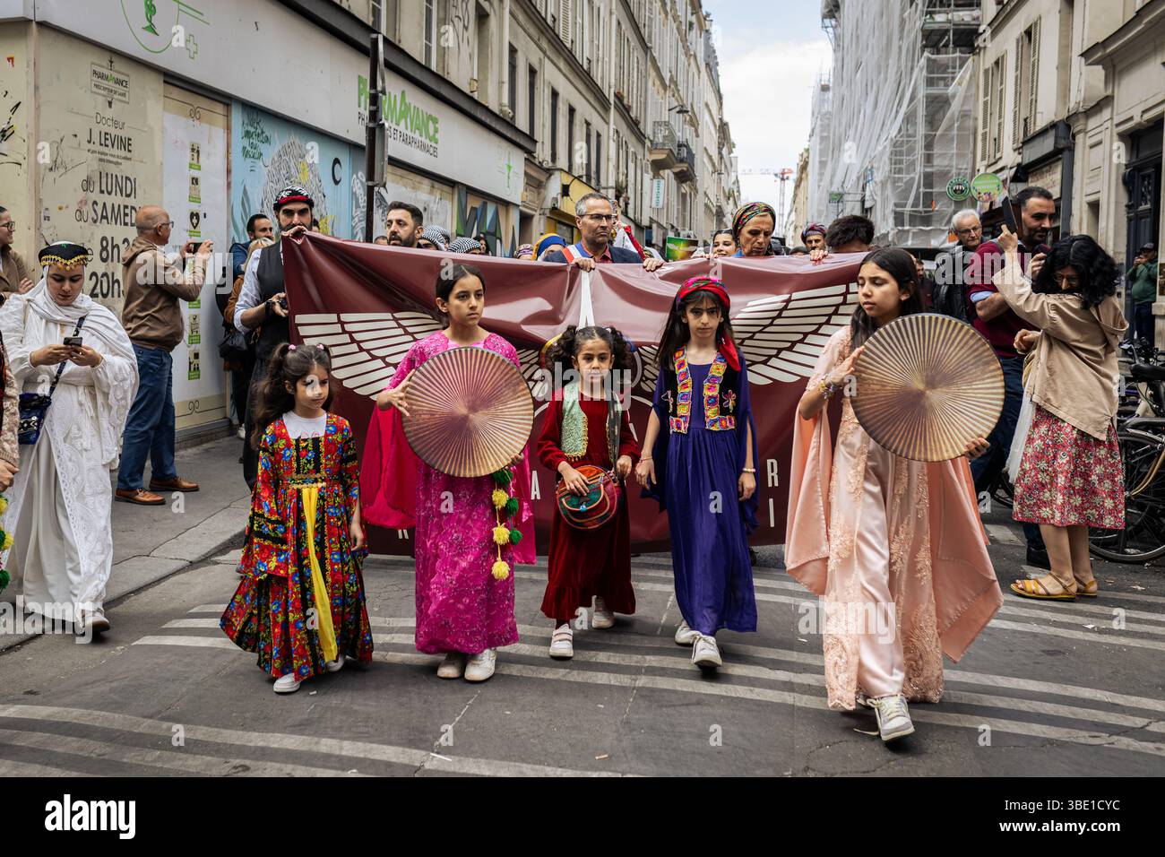Kurdish kids seen at the front of the kurdish folk parade at the Paris ...