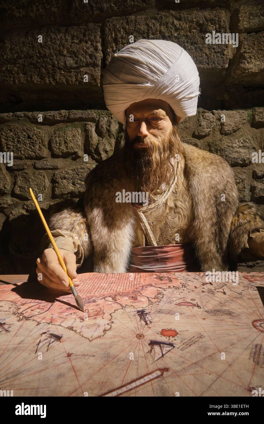 A diorama of an ancient cartographer working on a map. At the Kilibahir ...