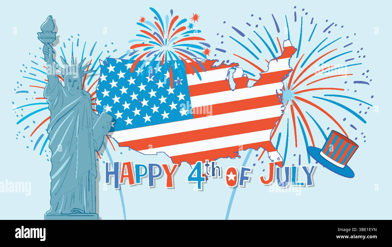 Vector illustration of the USA map with fireworks, Statue of Liberty ...
