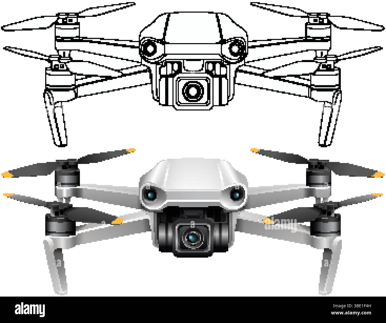 Detailed vector illustration of a modern drone, showcasing front and ...