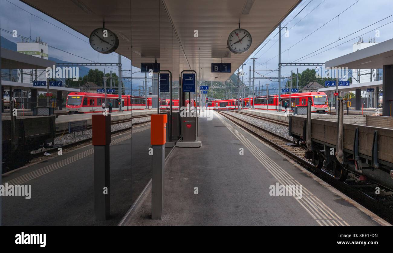 Matterhorn Gotthard Bahn ABDeh 4meter gauge train departing Visp ...