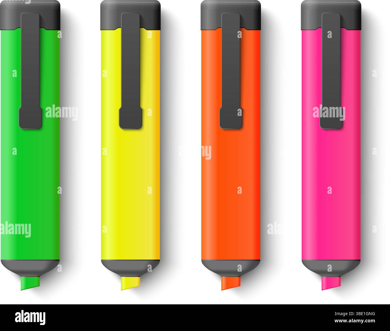Realistic green, pink, yellow, orange markers. School education supply ...