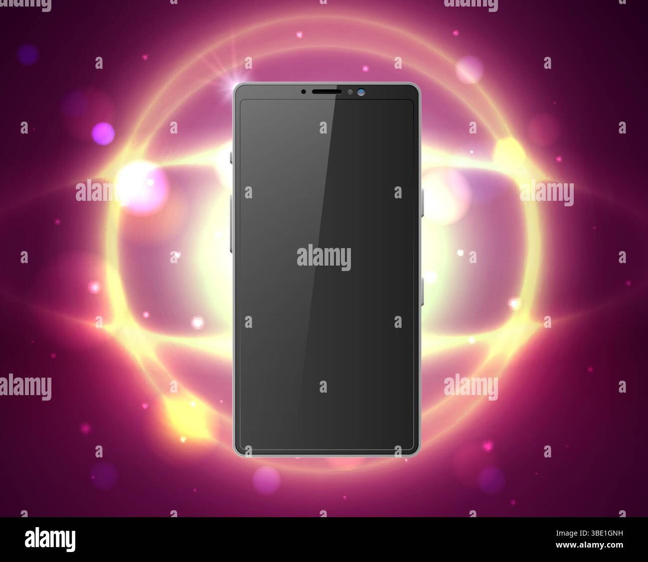 Realistic cell phone presentation on glowing background with rays and ...