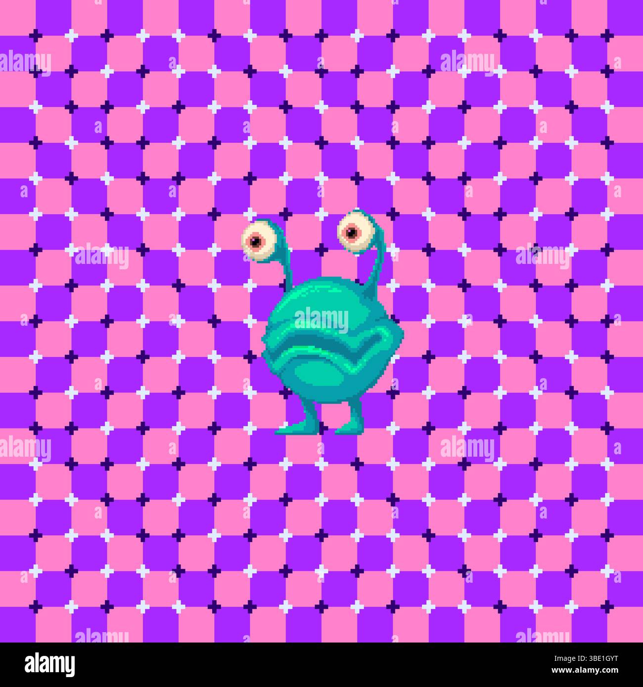 Funny green alien character on bright optical illusion pattern ...