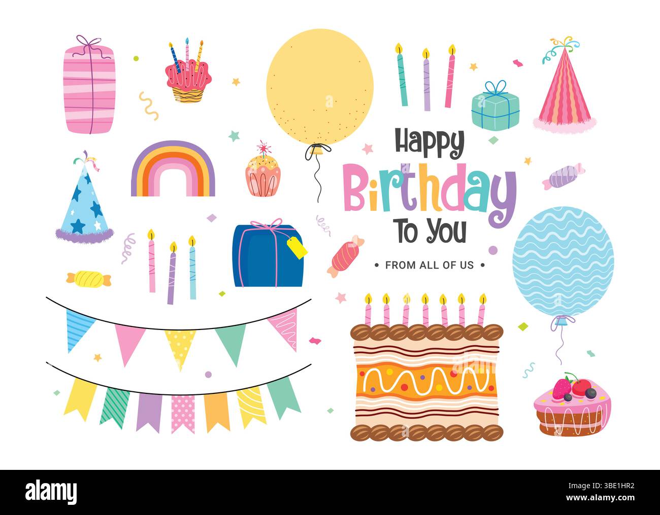Birthday elements clipart set. Happy birthday colorful party elements ...