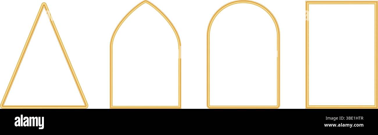 Collection of golden shiny arches. Luxury realistic triangle, rectangle ...