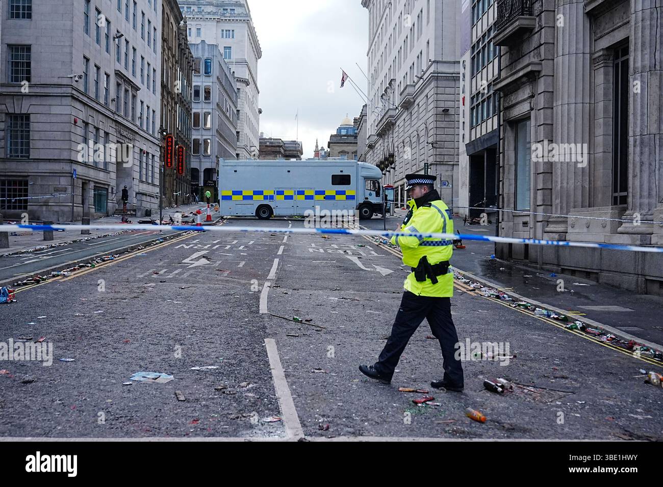 The scene in Water Street near the Liver Building in Liverpool city ...