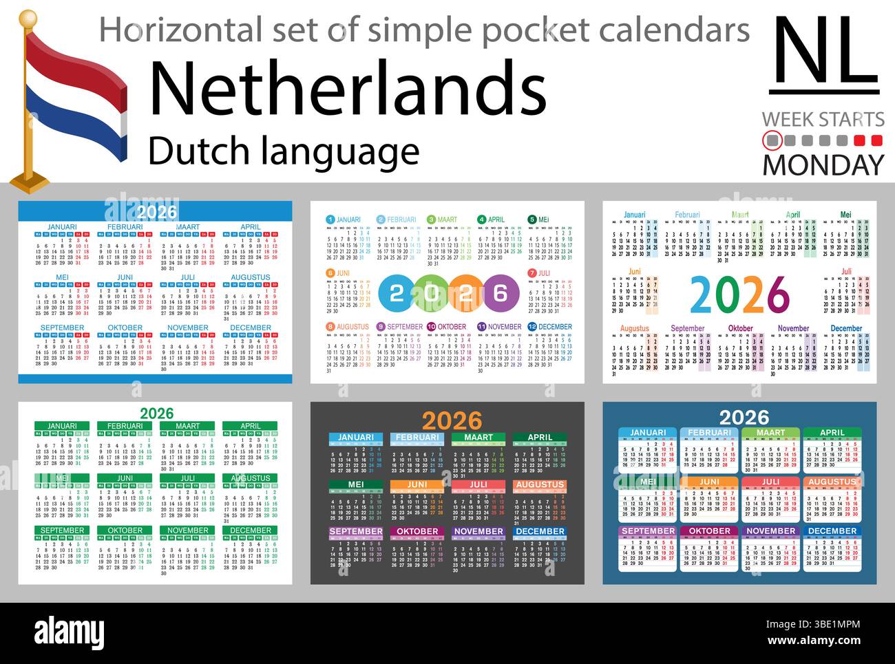 Dutch language. Netherlands horizontal Set of pocket calendars for 2026 ...