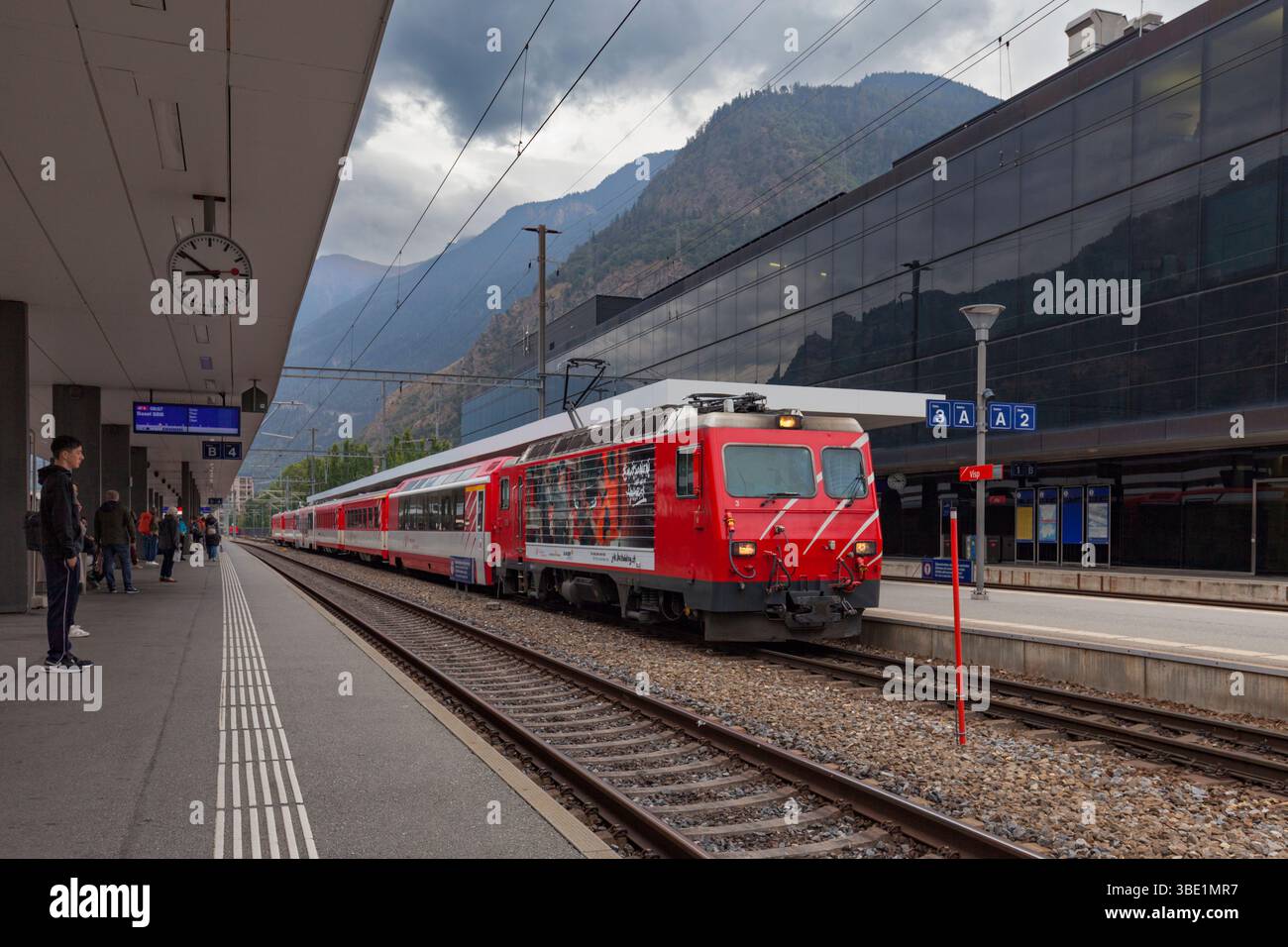 Matterhorn Gotthard Bahn HGe4/4 meter gauge electric locomotive at Visp ...