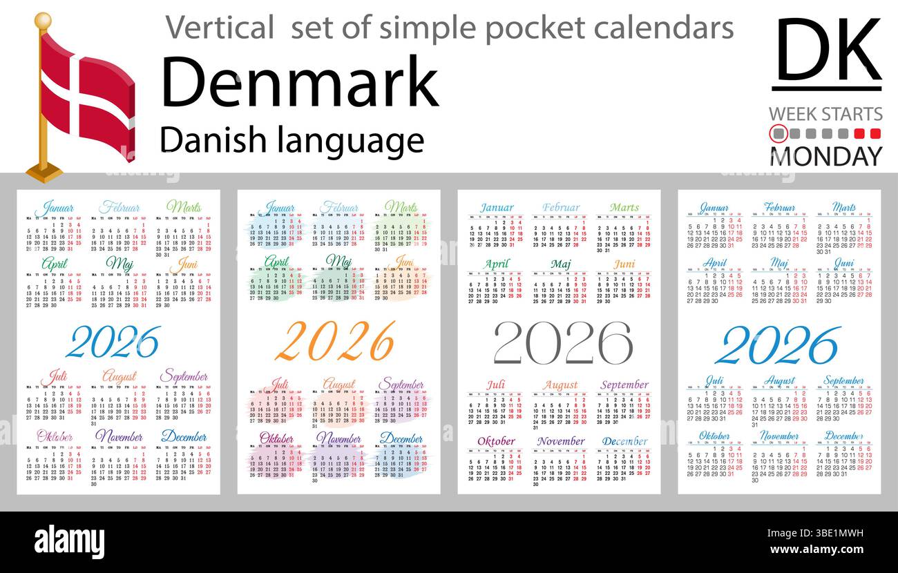 Danish language. Denmark vertical Set of pocket calendars for 2026 (Two ...