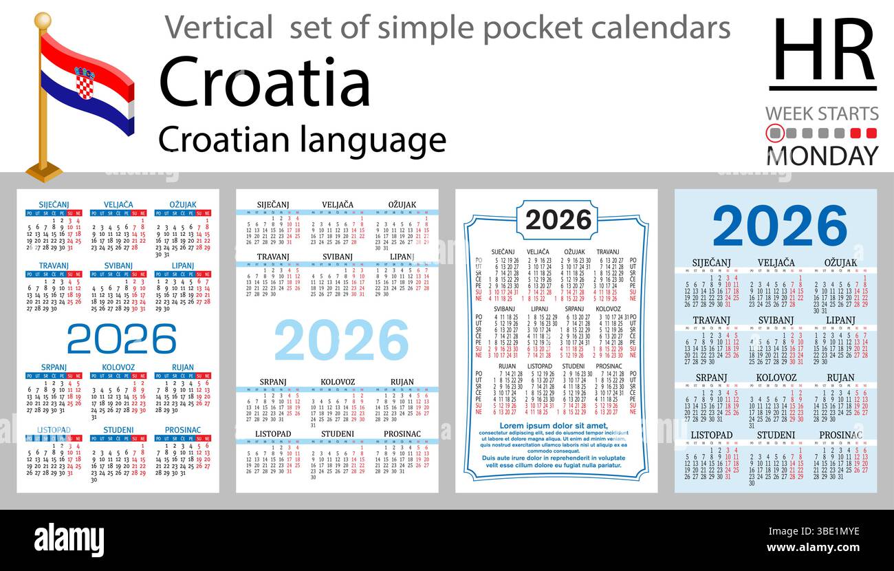 Croatian language. Croatia vertical Set of pocket calendars for 2026 ...
