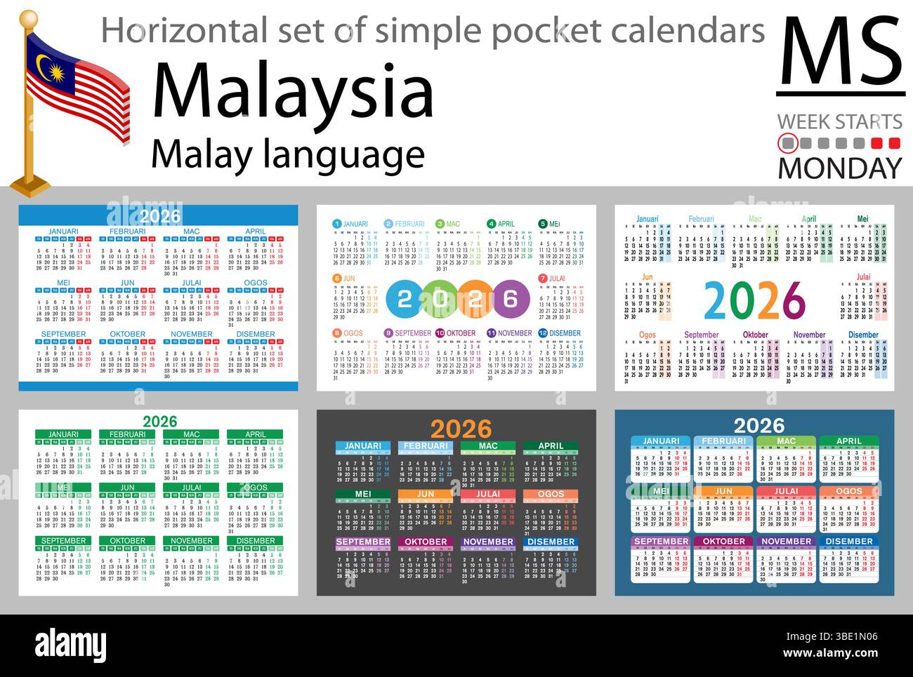 Malay language. Malaysia horizontal Set of pocket calendars for 2026 ...