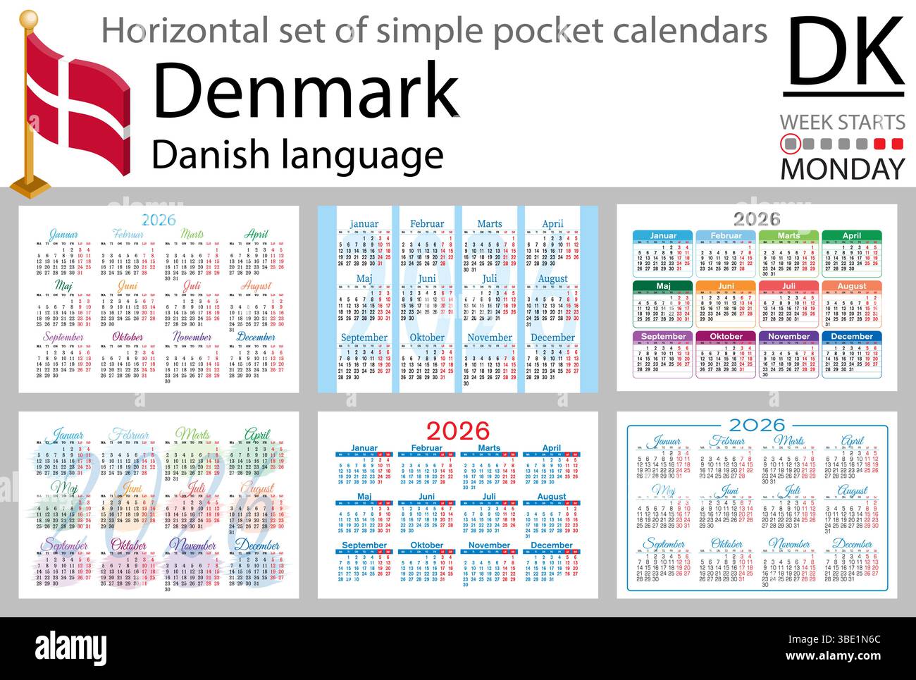 Danish language. Denmark horizontal Set of pocket calendars for 2026 ...
