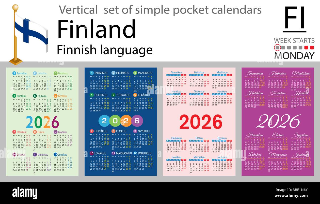 Finnish language. Finland vertical Set of pocket calendars for 2026 ...