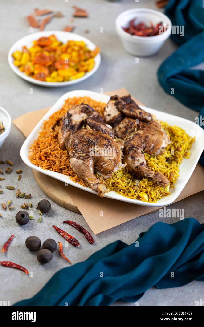 Roasted chicken with seasoned rice – Arabic cuisine with full mezza ...