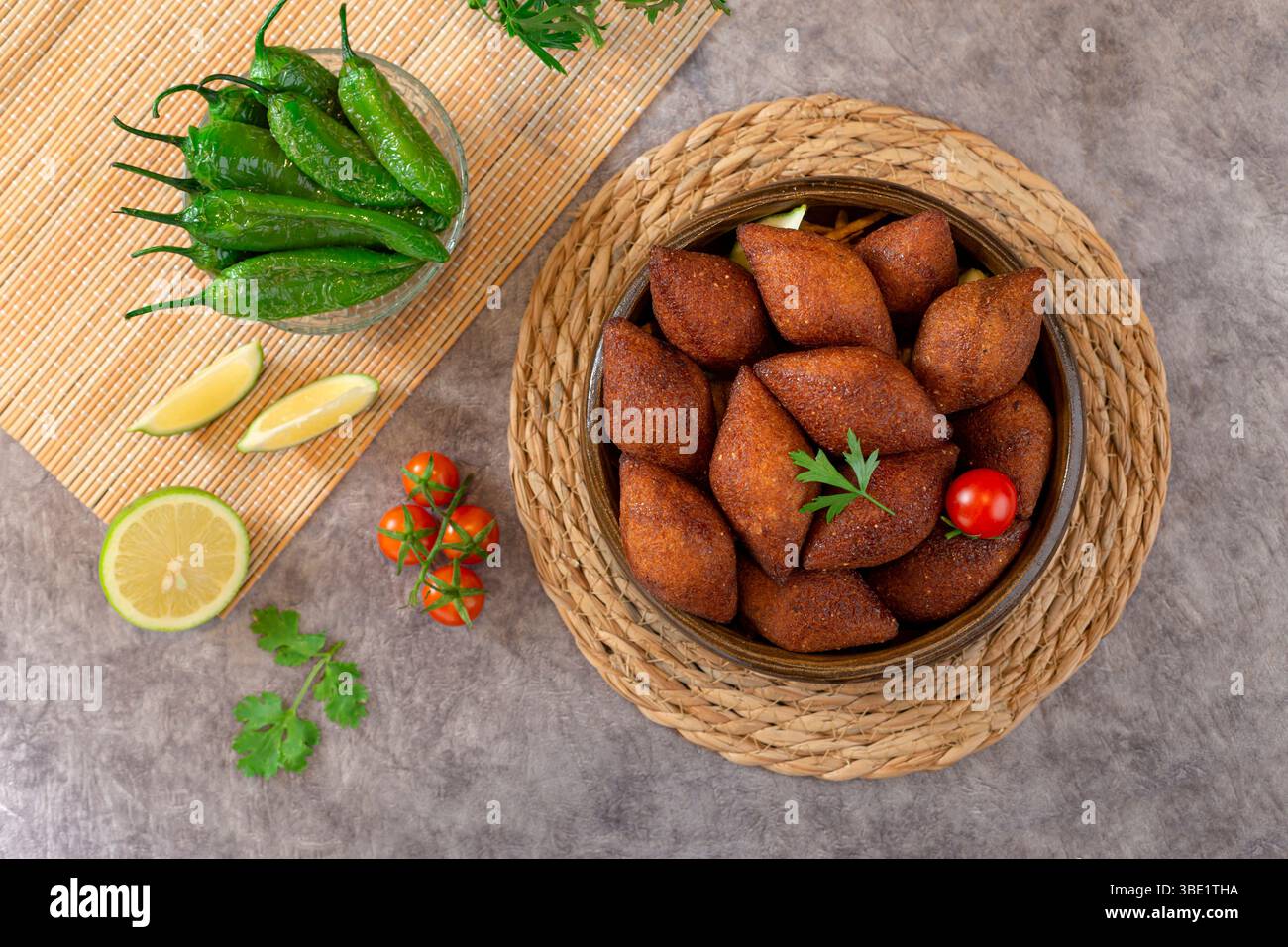 Top-down view of Syrian kibbeh, a traditional Arabic appetizer Stock ...