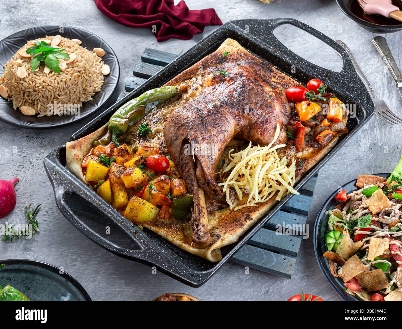 Roasted turkey leg with full appetizers, Eastern Arabic cuisine Stock ...