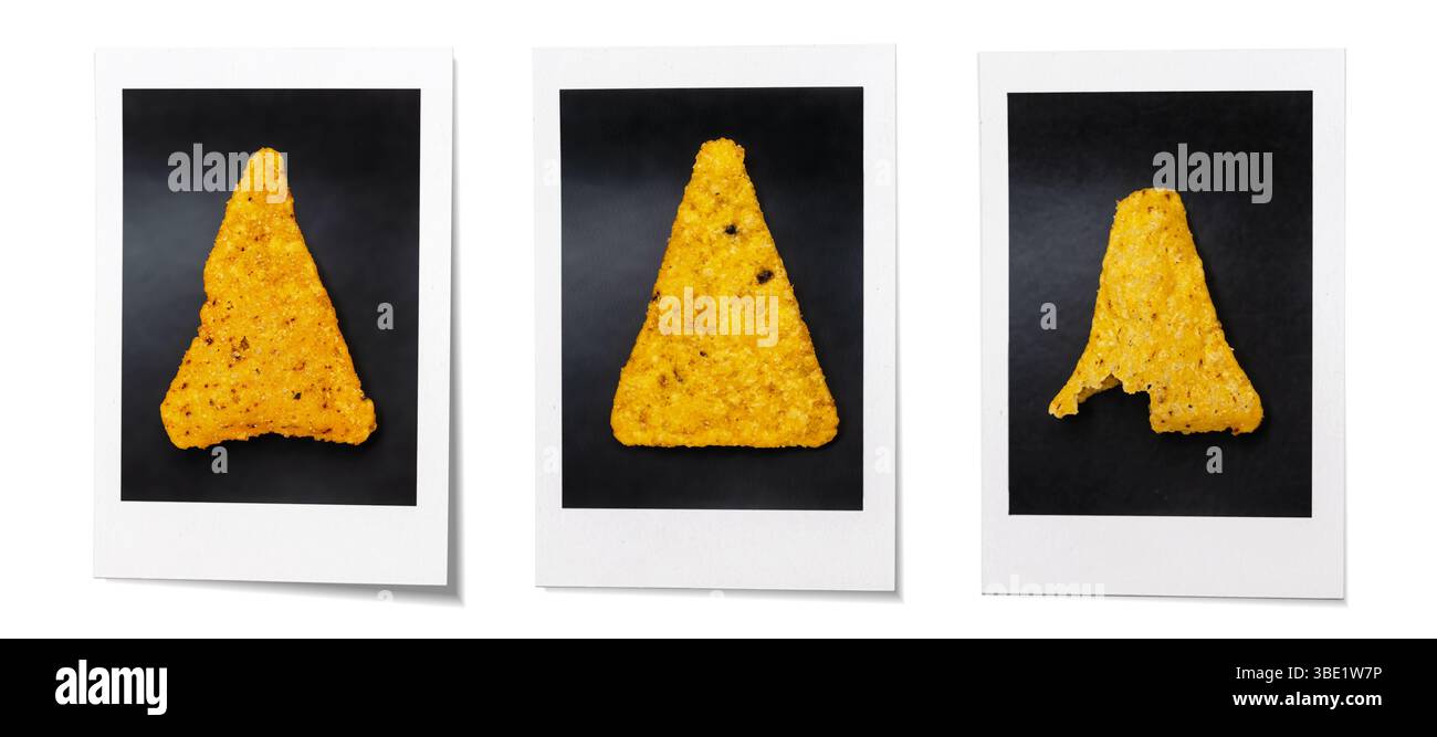 Three nachos tortilla chips on instant film photo frame paper on a ...