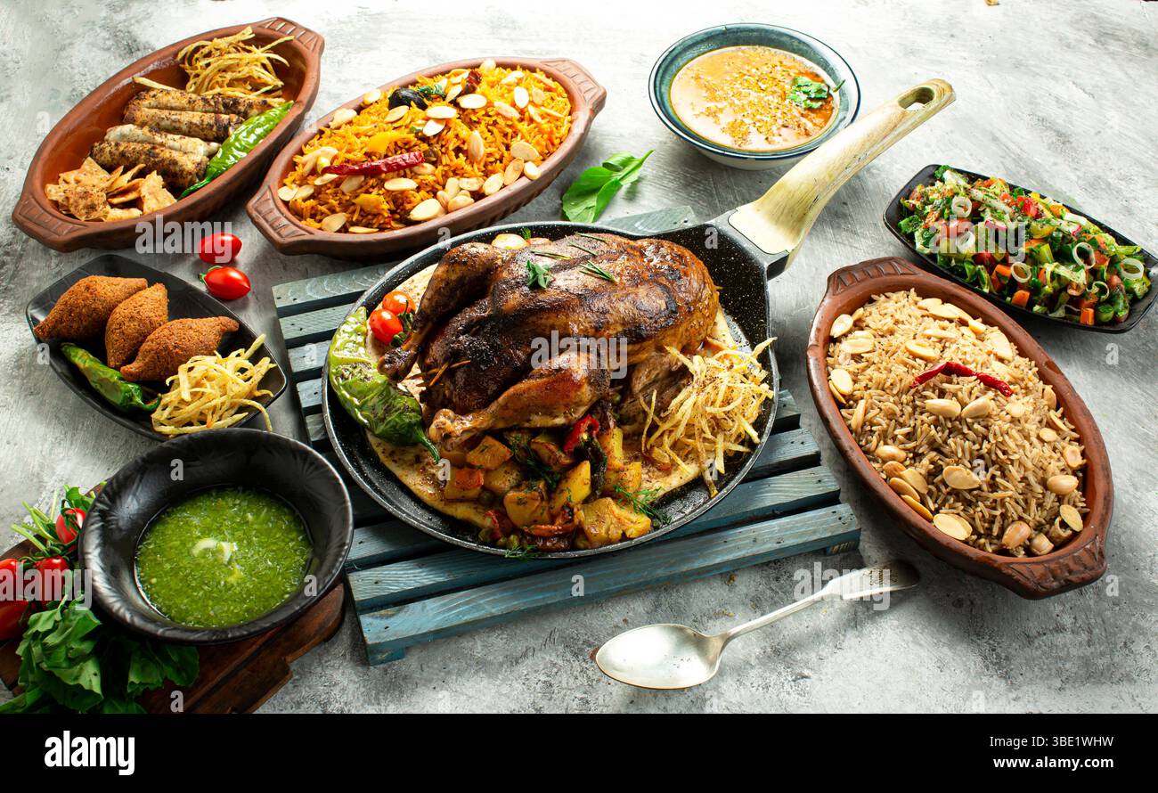 Luxury meal set with grilled chicken, mixed rice, appetizers, salad ...