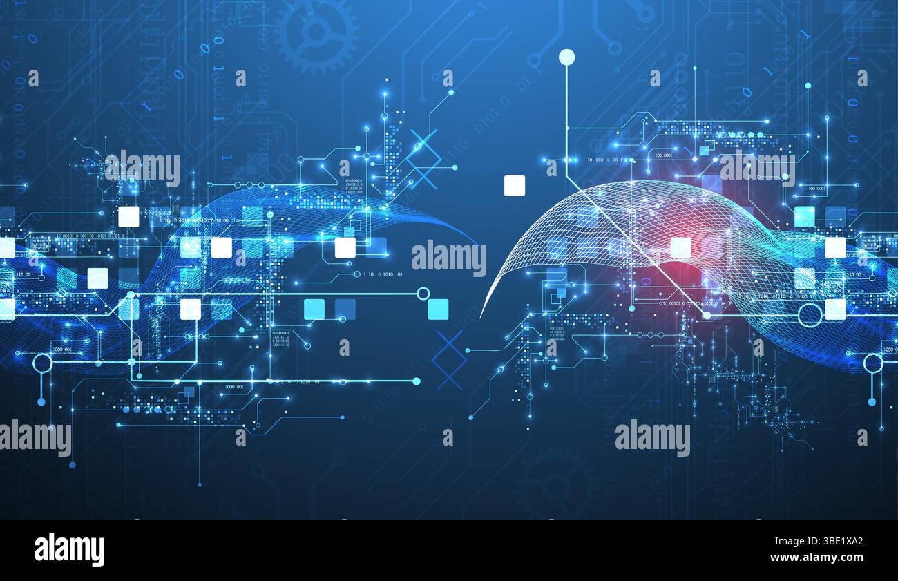 Abstract data background with wireframe wave and circuit lines ...