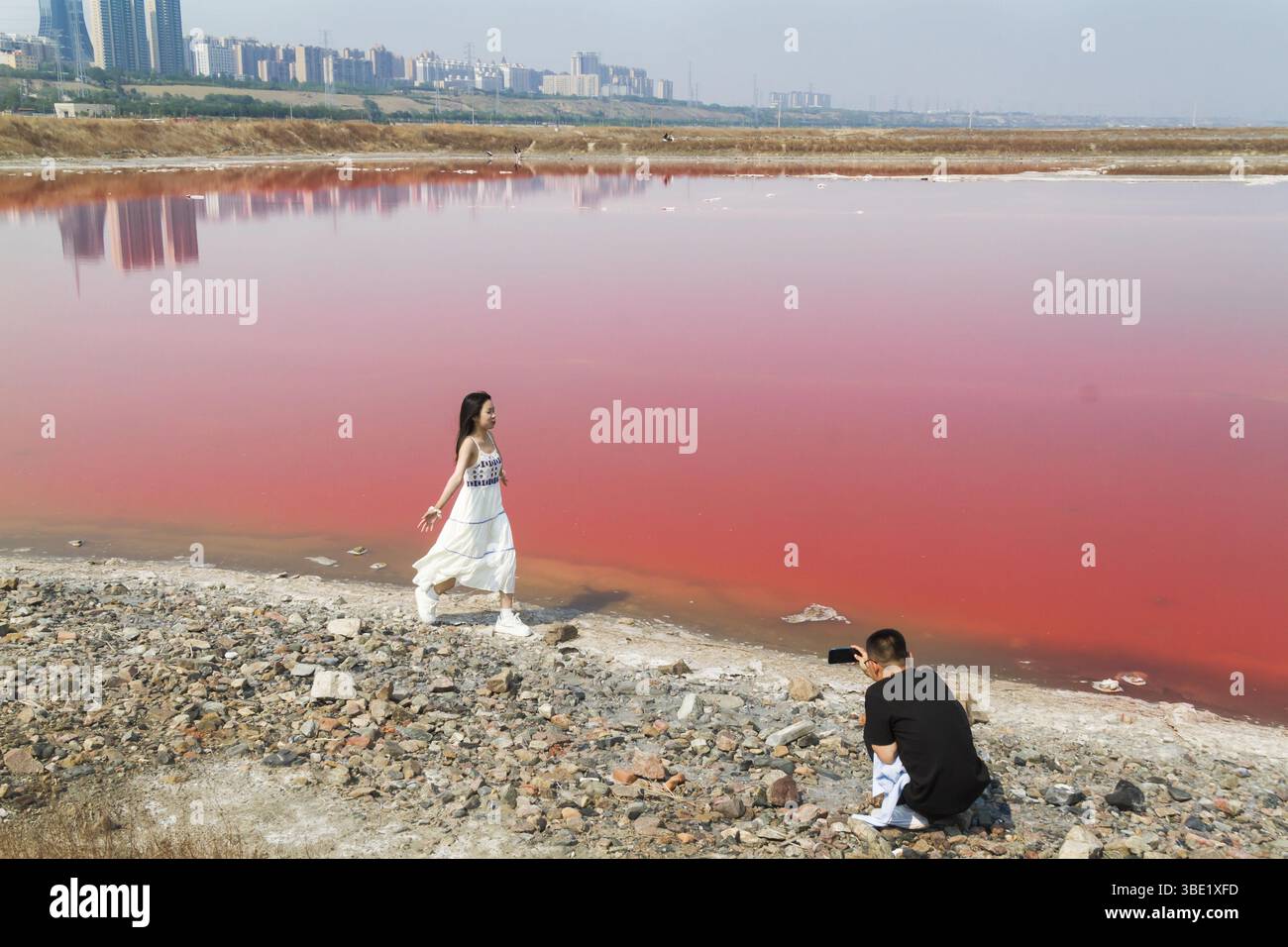 Aerial photo shows the colorful salt lake in Yuncheng City, north China ...