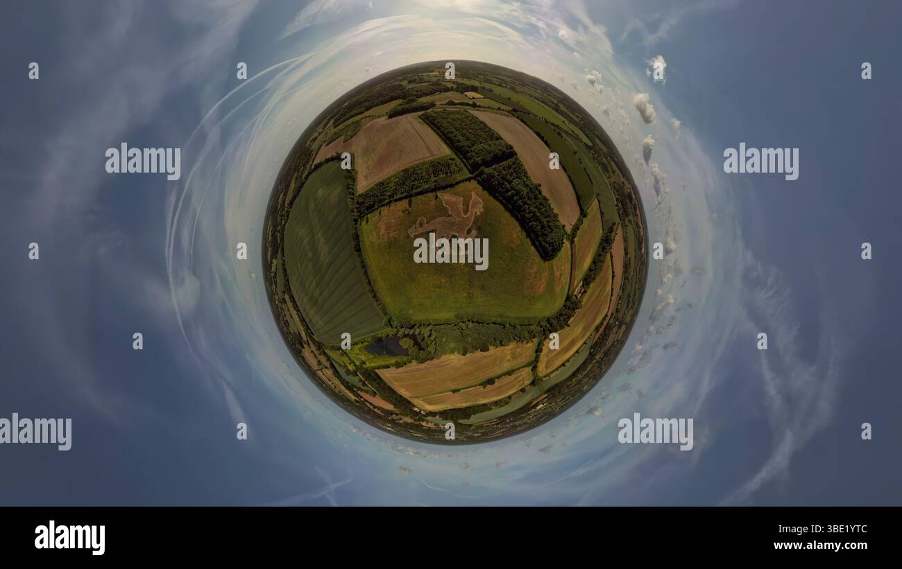 A tiny planet aerial view of the Bures Dragon in Suffolk, UK Stock ...