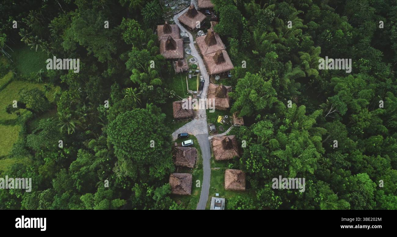 Aerial view of a traditional village nestled within a dense tropical ...