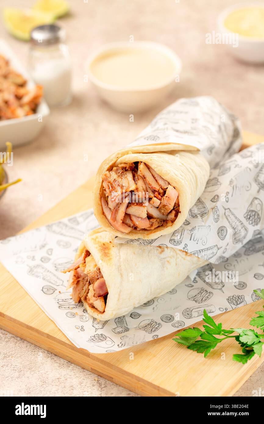 Close-Up of Chicken Shawarma Wrap – Traditional Arabic Cuisine Stock ...