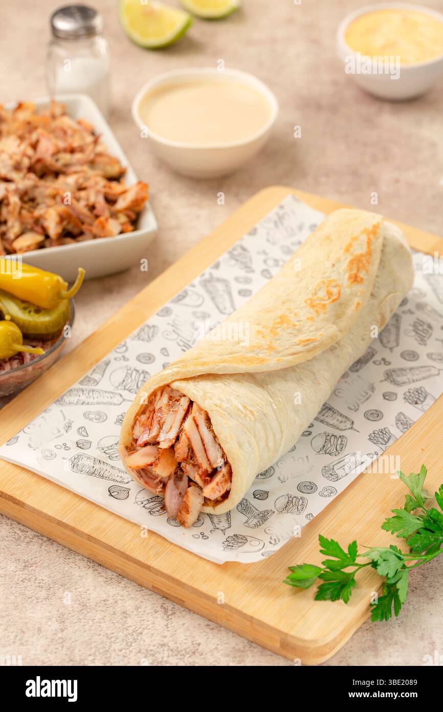 Shawarma Wrap Sandwich – Arabic Chicken Roll Served with Sauce Stock ...