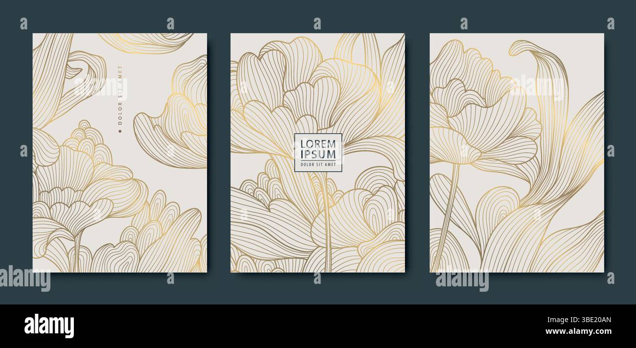 Vector set of Japanese line gold flowers, peonies and leaves fantasy ...