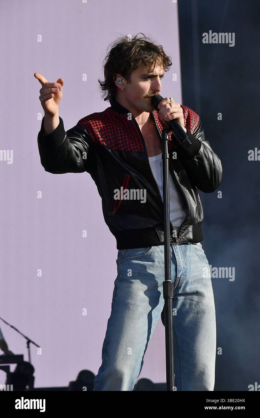 Napa, USA. 26th May, 2025. Benson Boone performs at 2025 BottleRock Napa Valley at Napa Valley ...