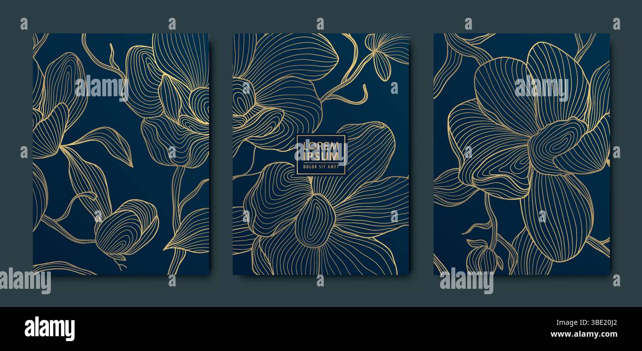 Vector set of Japanese line gold flowers, cherry blossom, sakura and ...