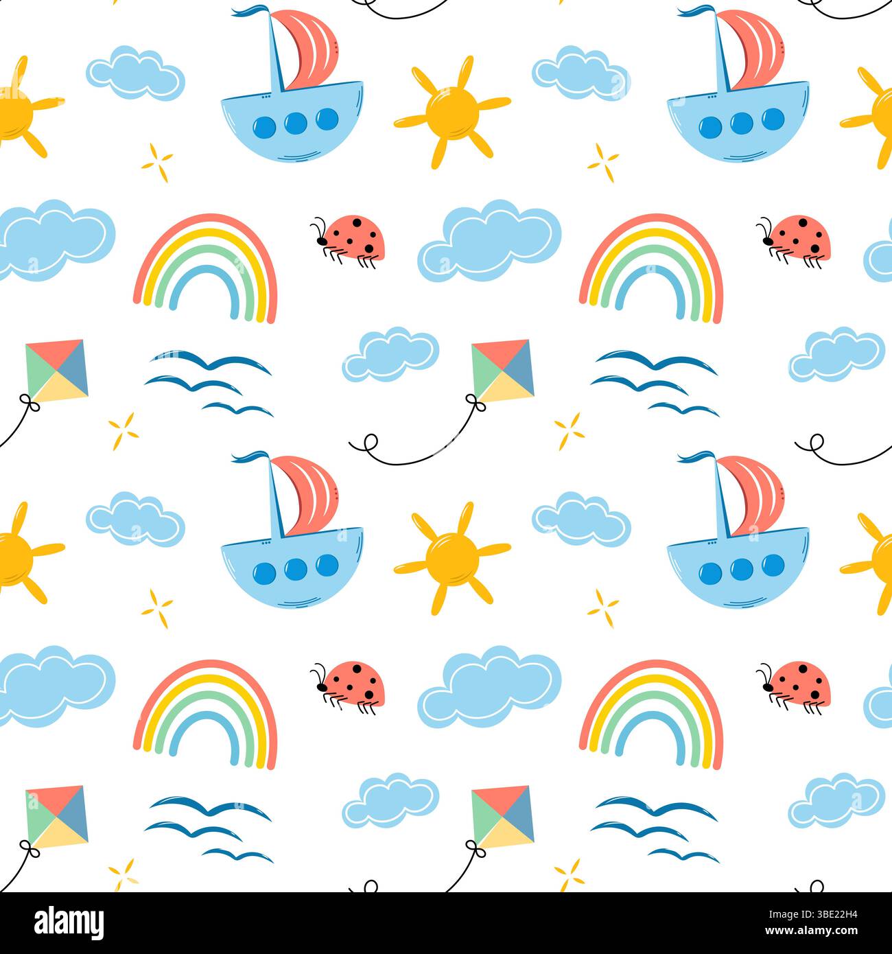 Summer seamless pattern with ship, rainbow, lady bug, kit and clouds ...