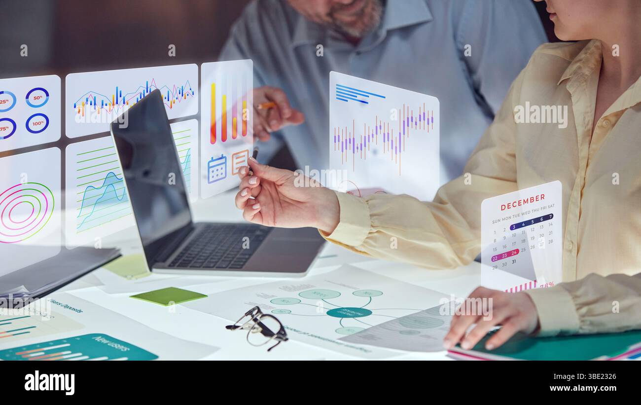 Conceptual collage. Team collaboration at futuristic desk with holographic charts, calendar ...