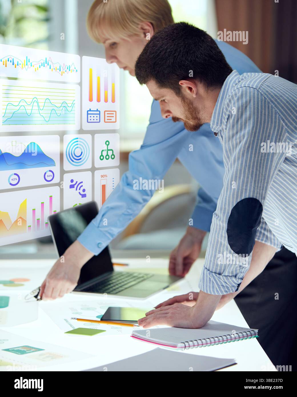 Composite collage. Team studying floating analytics dashboards with ...