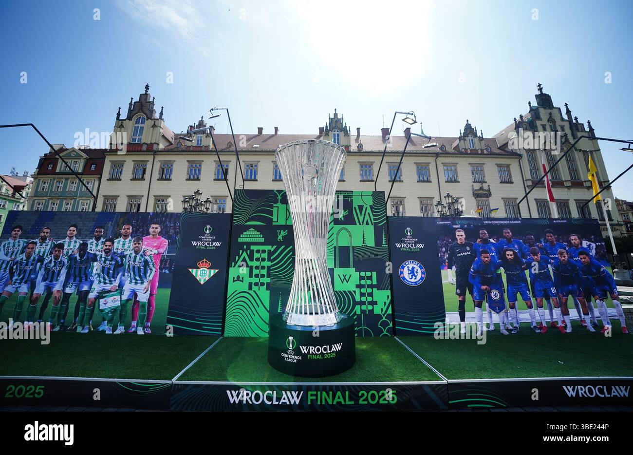 A giant replica of the UEFA Conference League trophy in Wroclaw, Poland ...