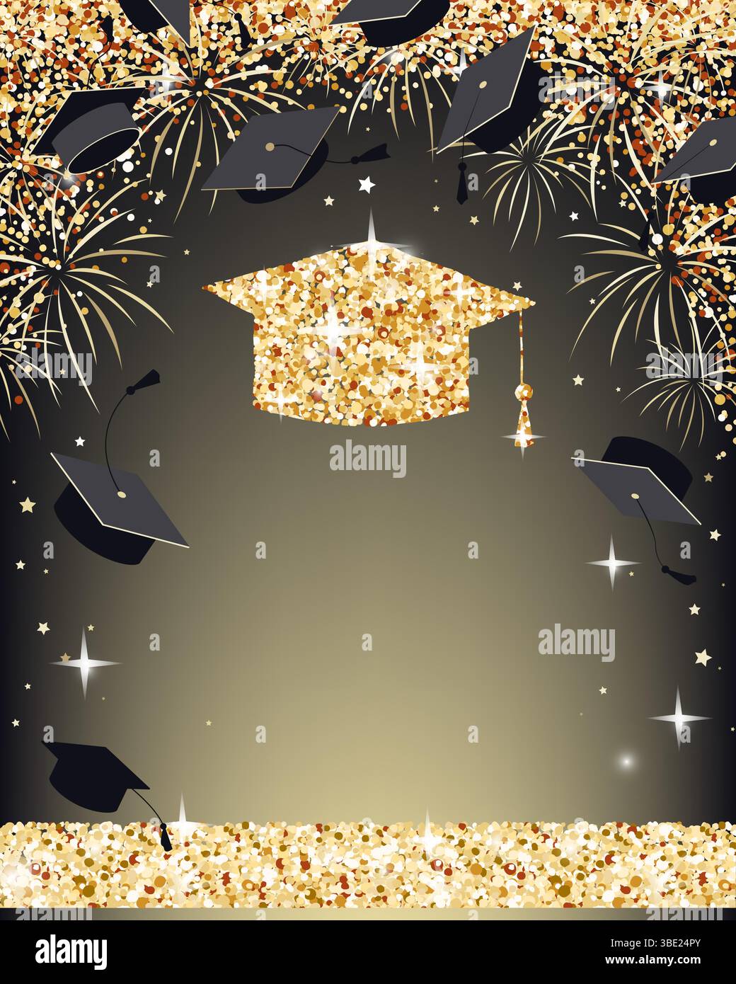 Graduation ceremony banner with graduate caps and gold confetti. Luxury ...