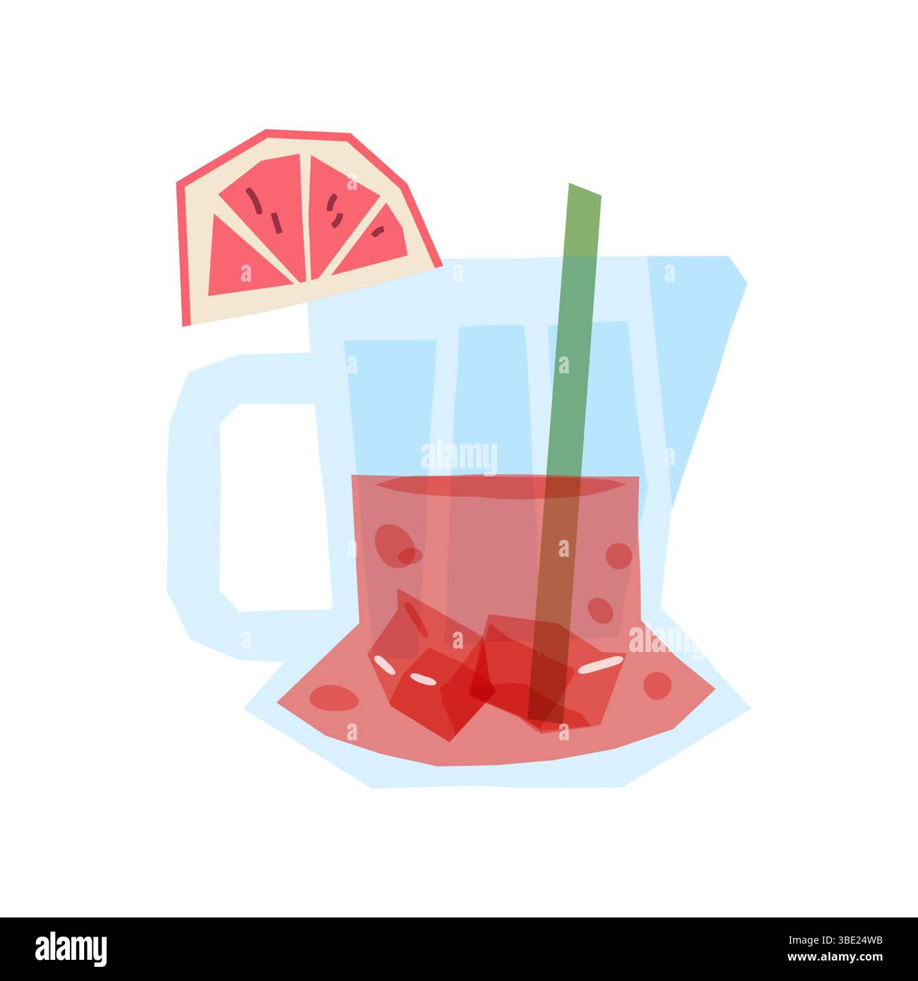 Glass mug with grapefruit juice, ice cubes, and a green straw in flat ...