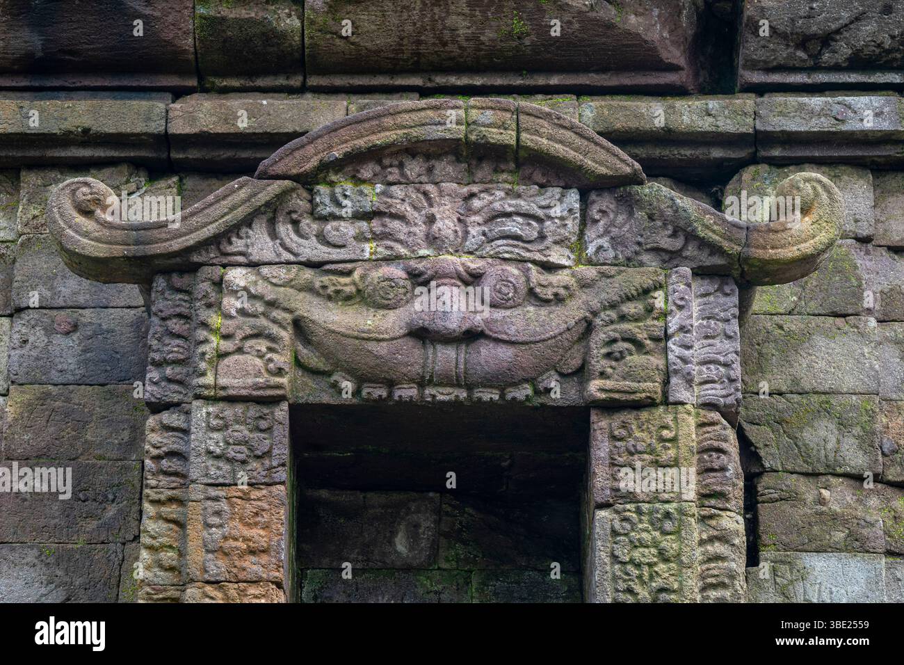 View of fierce Kala aka Kirtimukha face on lintel of ancient hindu ...